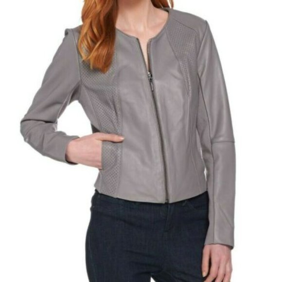 H by Halston | Jackets & Coats | H By Halston Gray Leather Perforated Jacket Size Us 2 | Poshmark